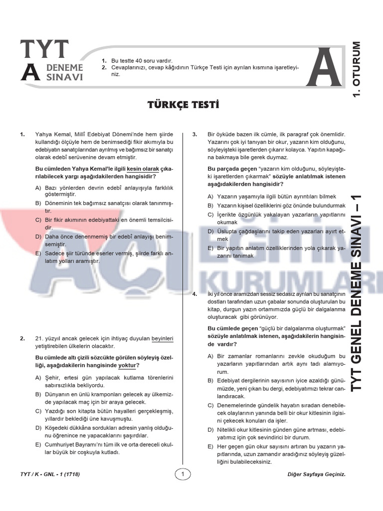 Turkce Tyt Deneme Sinavi 13 | PDF