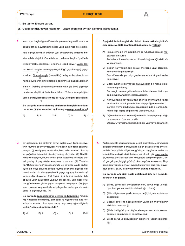 Turkce Tyt Deneme Sinavi 7 | PDF