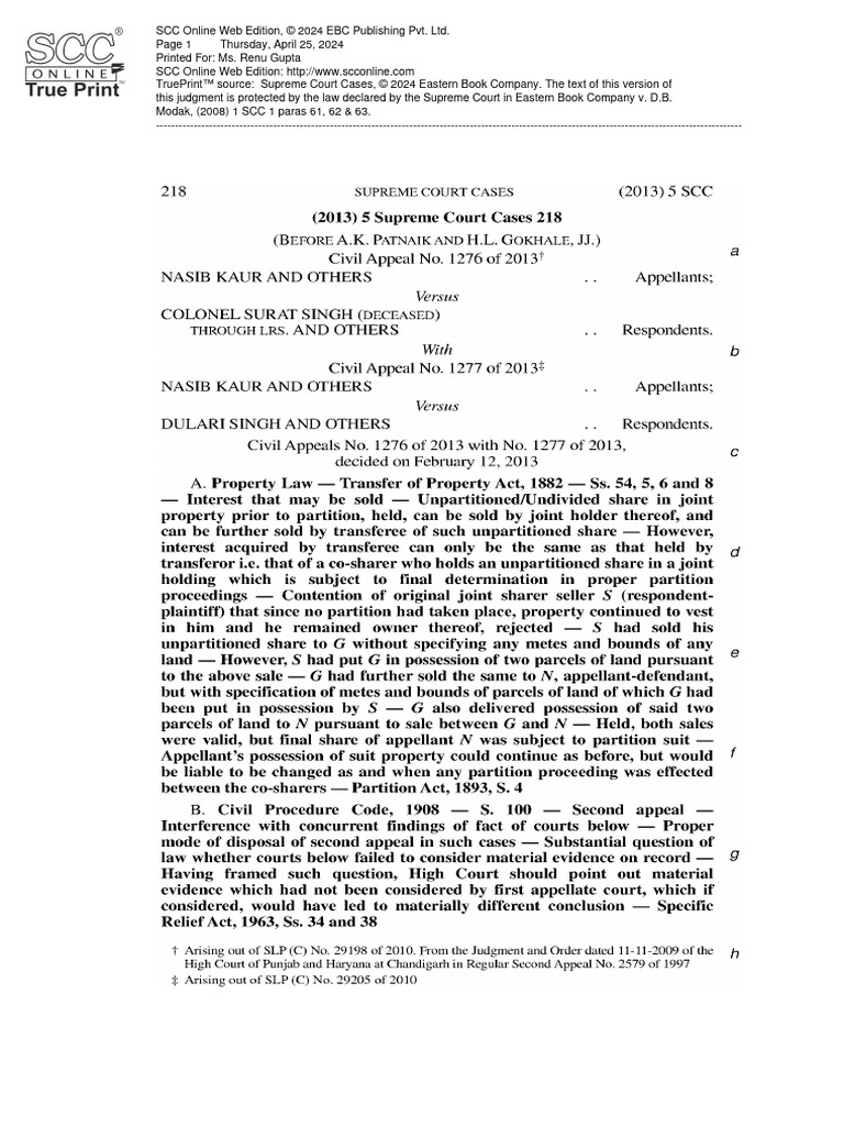 Nasib Kaur v. Col. Surat Singh, (2013) 5 SCC 218 | PDF | Justice | Crime & Violence