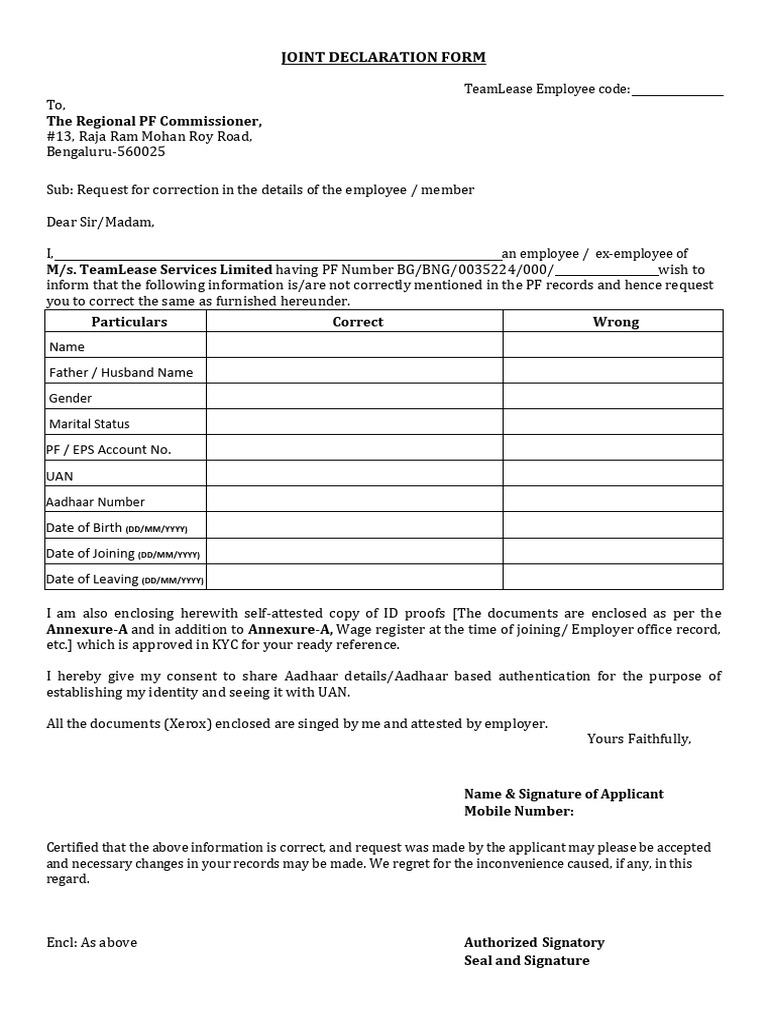 Joint Declaration Form | PDF | Access Control | Authentication Joint Declaration Form | PDF | Access Control | Authentication