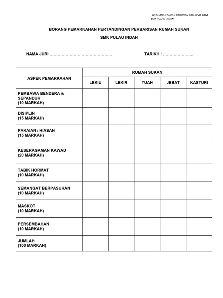 Borang Dan Syarat Pemarkahan-Pertandingan-Perbarisan-Rumah-Sukan | PDF