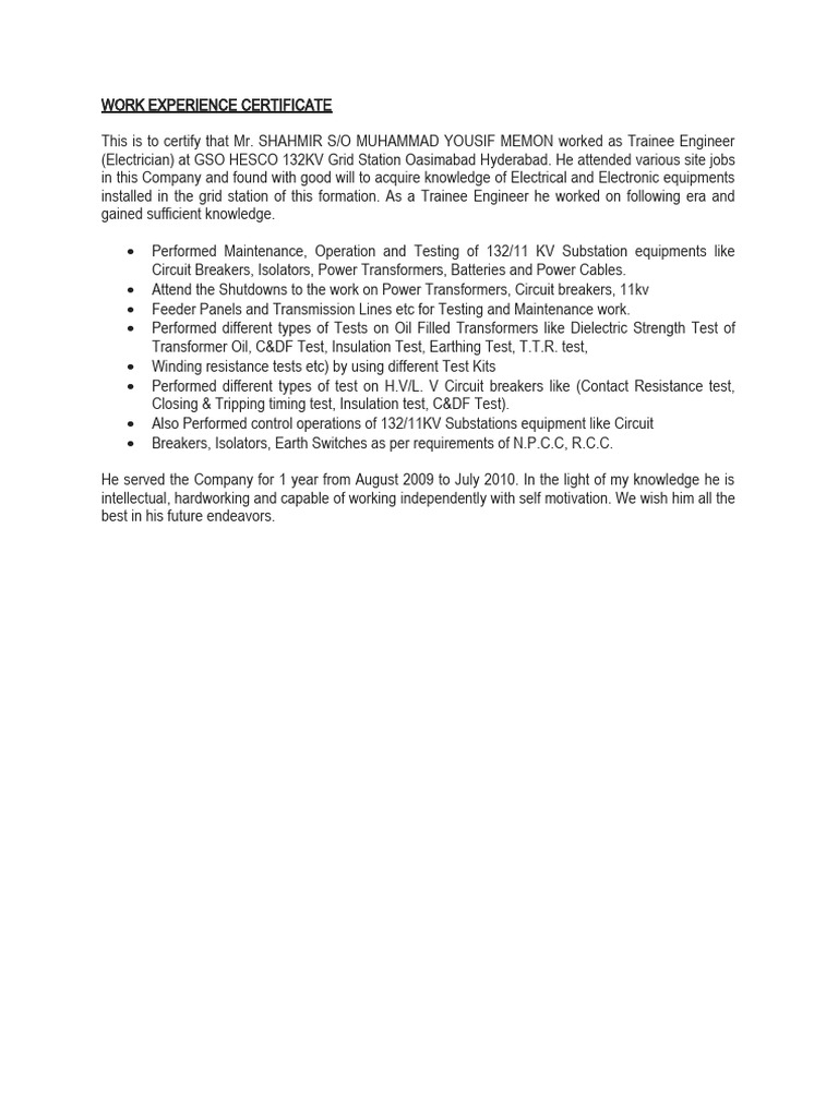 Work Experience Certificate | PDF