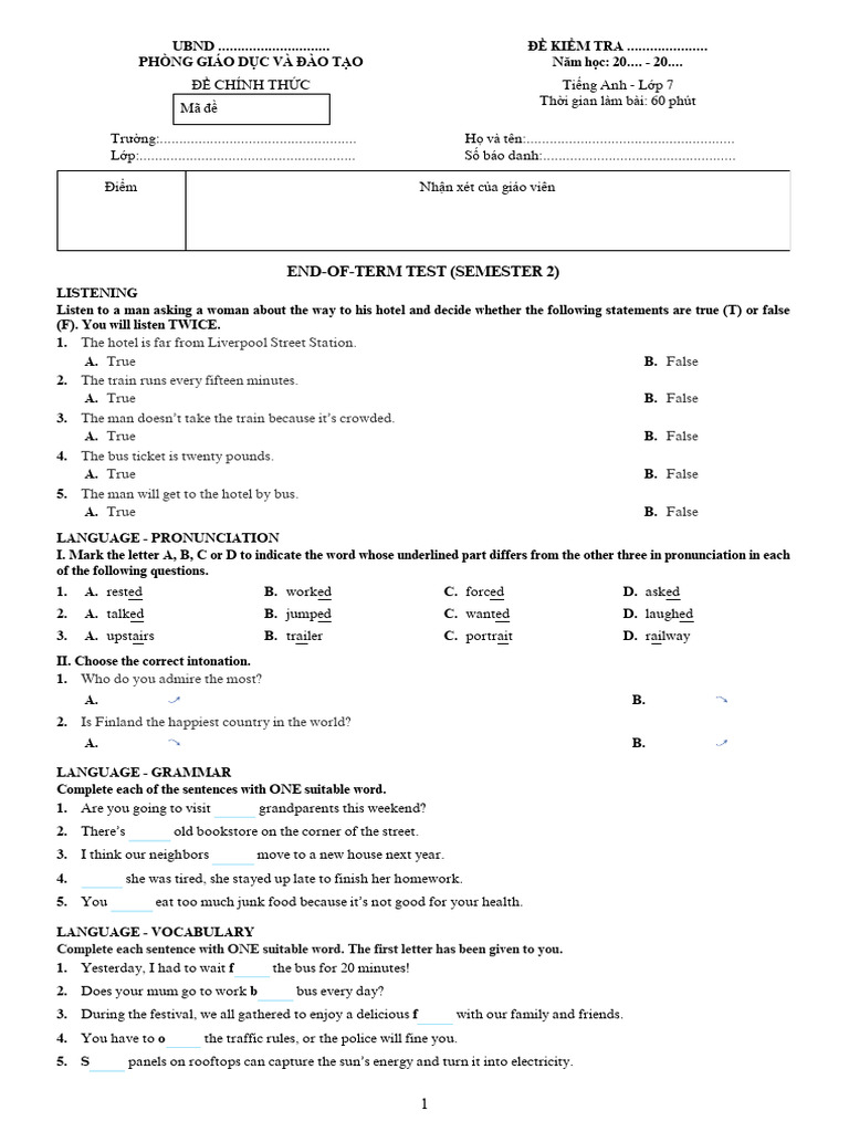LỚP 7 - HK2 - ĐỀ 1 | PDF