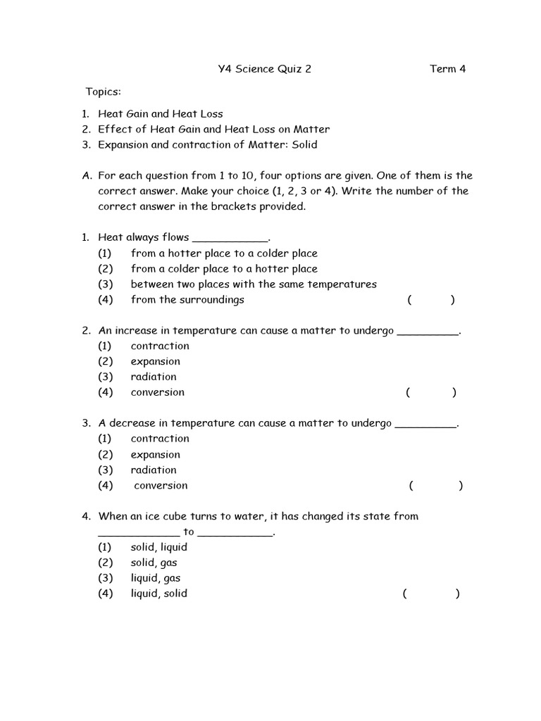 Year 4 Heat Transfer Quiz | PDF | Heat | Heat Transfer