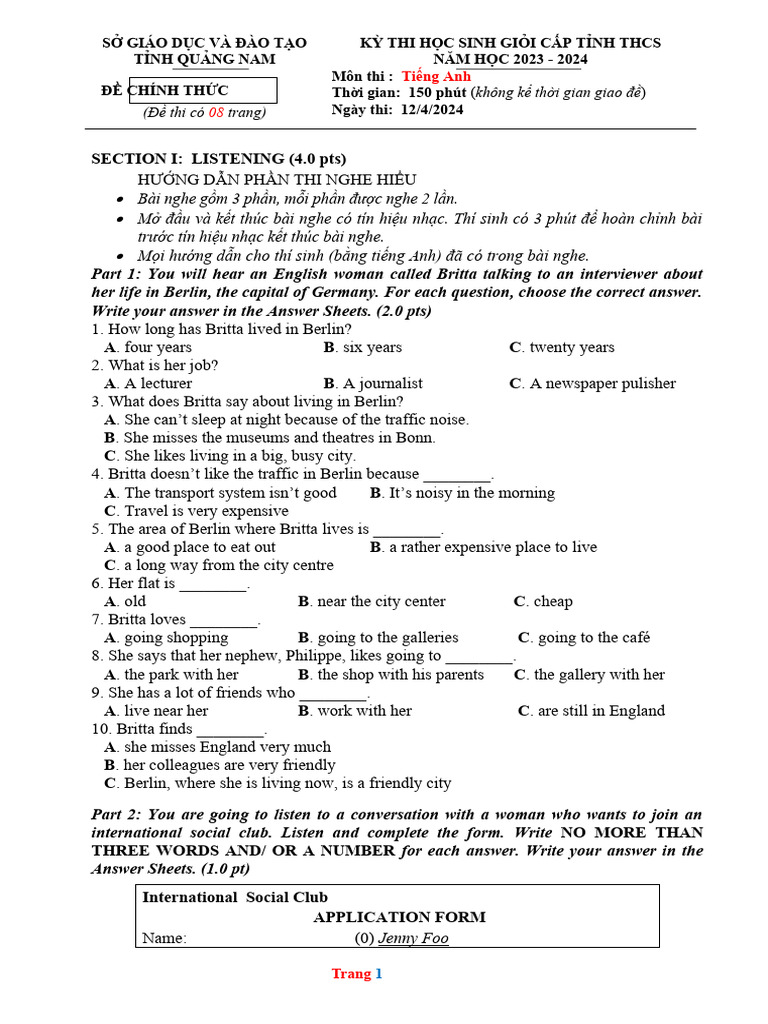 De Thi HSG Tieng Anh 9 Quang Nam 2024 | PDF | Whales | Oceans