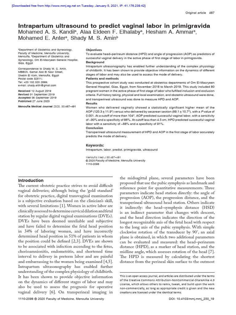 Intrapartum Ultrasound To Predict Vaginal Labor in Primigravida | PDF ...