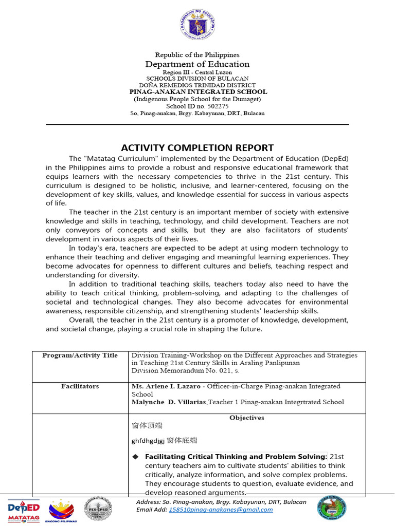 Pinag-Anakan Integrated School IPED ACR On 21st Century Skills 2023 ...