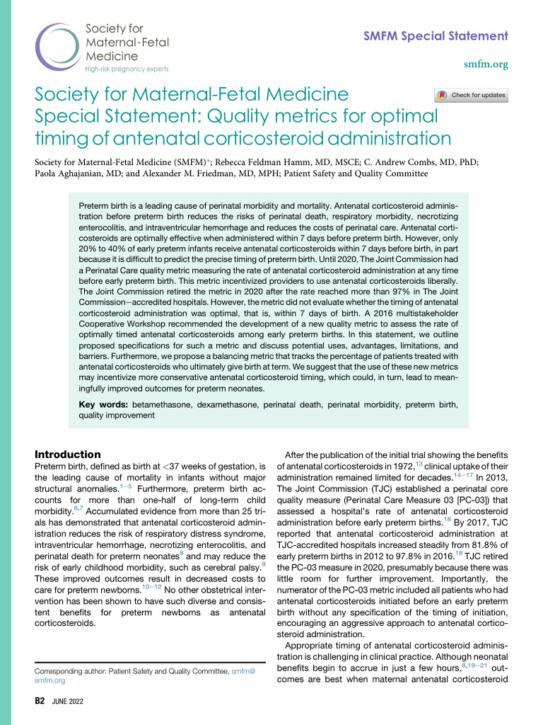 SMFM Quality Metrics For Optimal Timing of Antenatal Corticosteroid ...