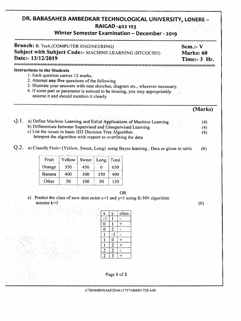 Btech Cs 5 Sem Machine Learning Btcoc503 Dec 2019 Pdf 