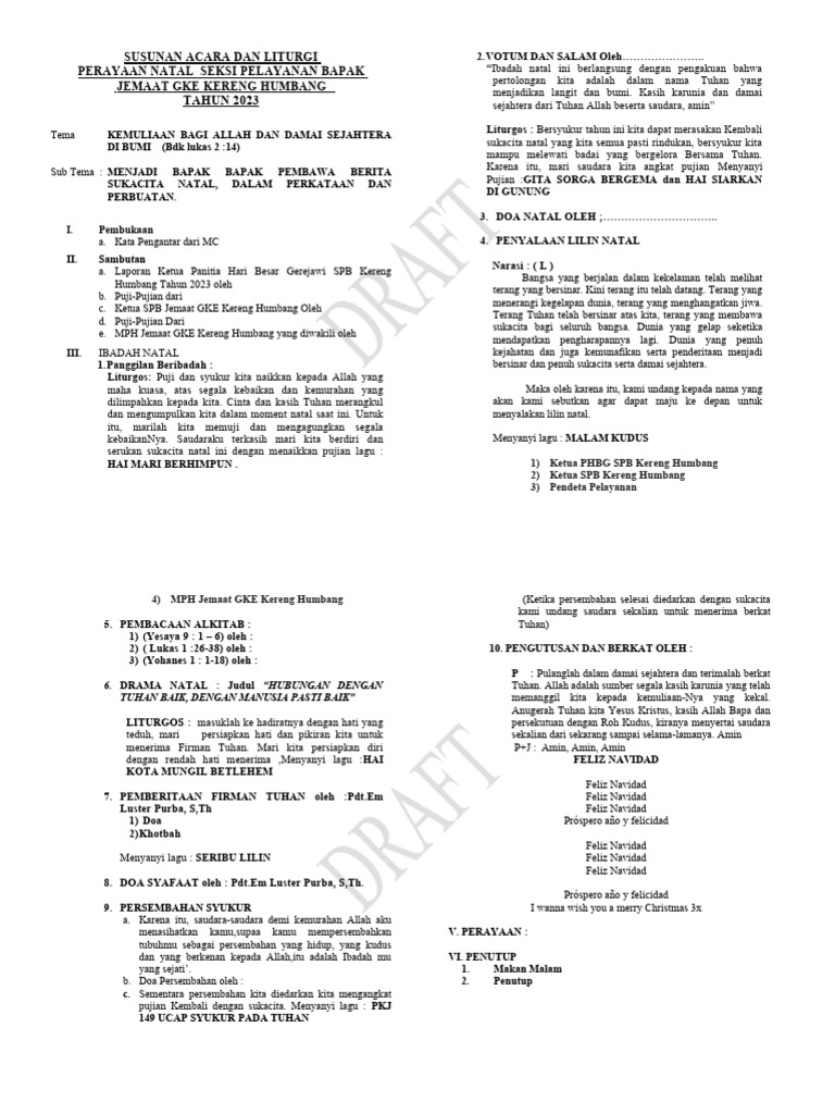 Susunan Acara Dan Liturgi Natal SPB 2023 | PDF