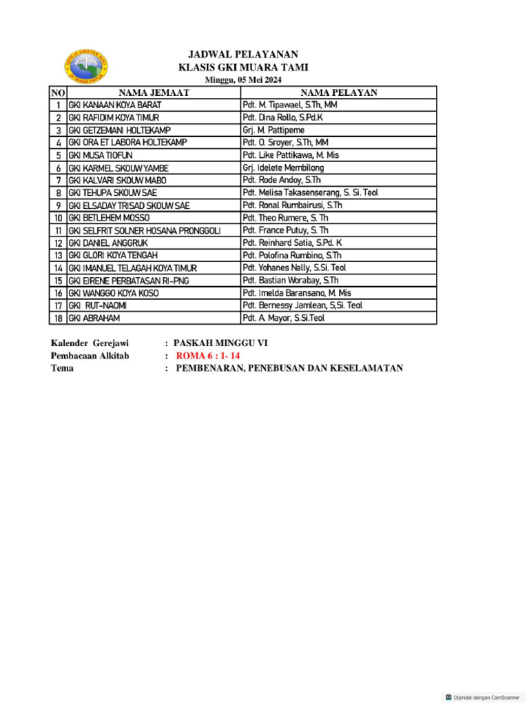 Jadwal Pelayanan 5 Mei 2024 | PDF
