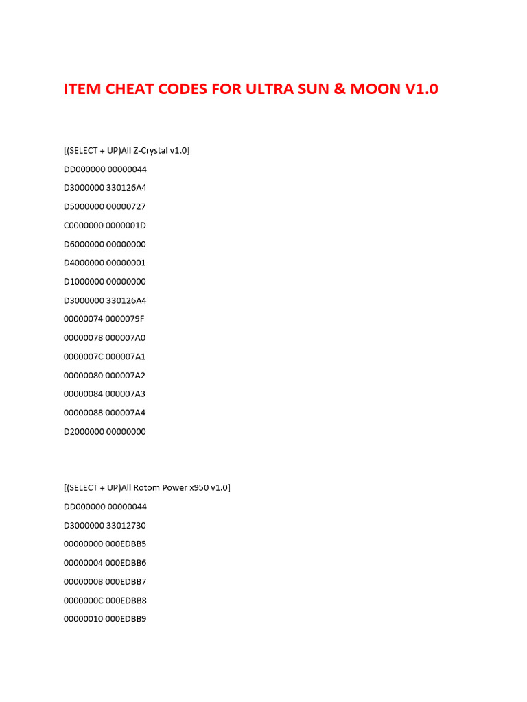 Ultra Sun & Moon Cheat Codes V1.0 | PDF | Technology & Engineering