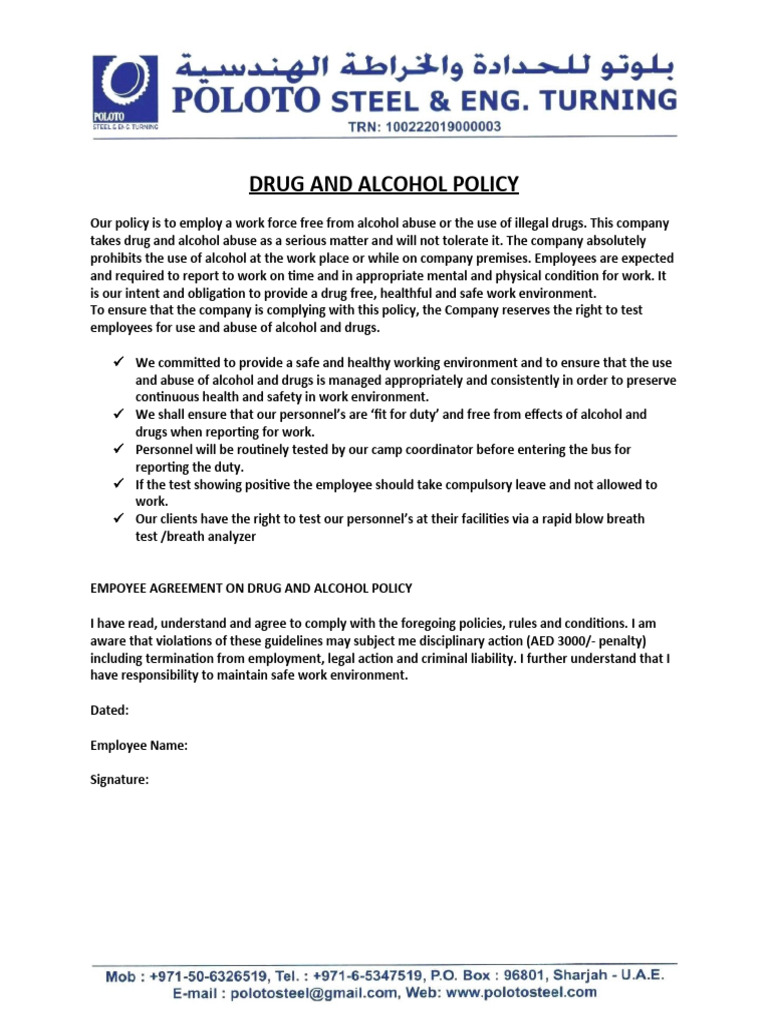 Company Drug and Alcohol Policy | PDF | Business