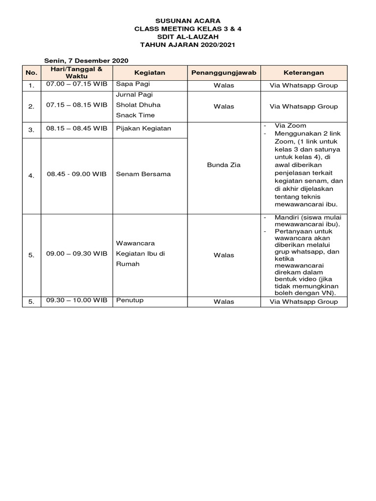 Susunan Acara Class Meeting SDIT 2020 | PDF
