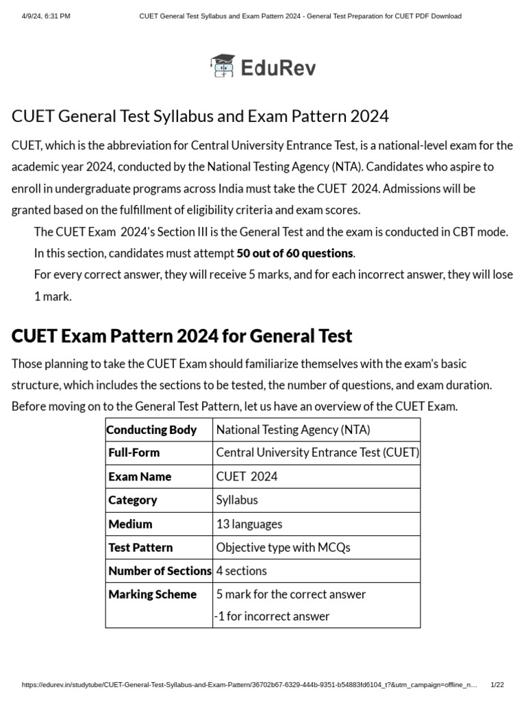 CUET 2024 General Test Syllabus Guide | PDF | Cognition