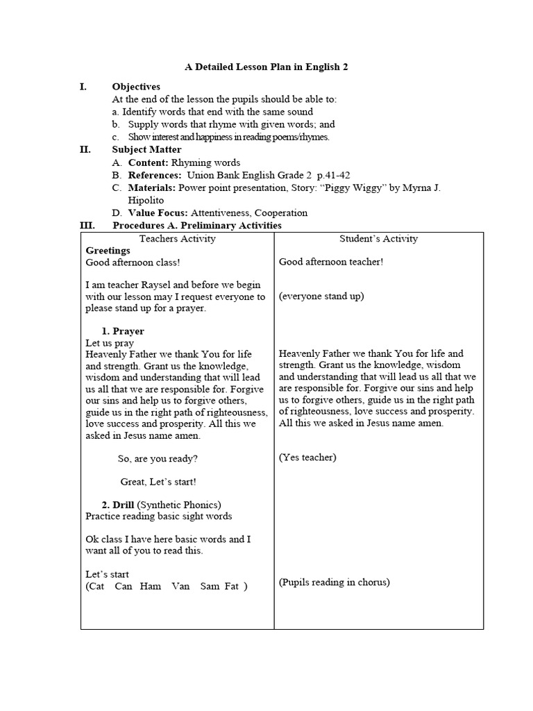 Rhyming Words Lesson Plan for Grade 2 | PDF | Prayer