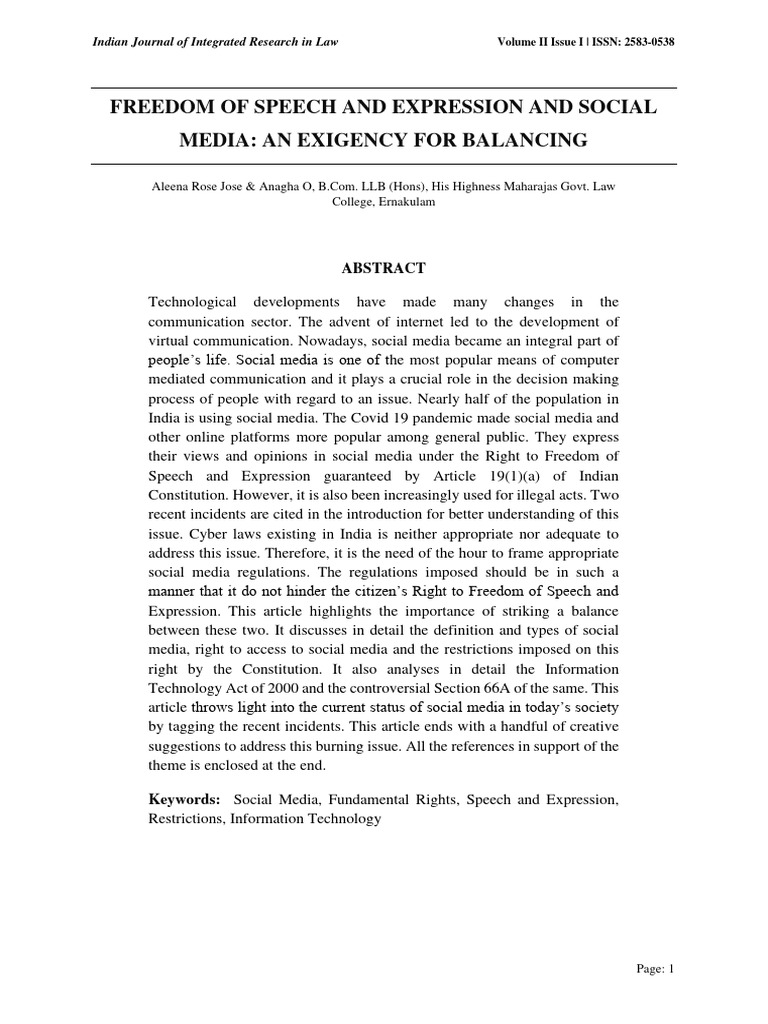 Freedom of Speech and Expression and Social Media An Exigency For ...