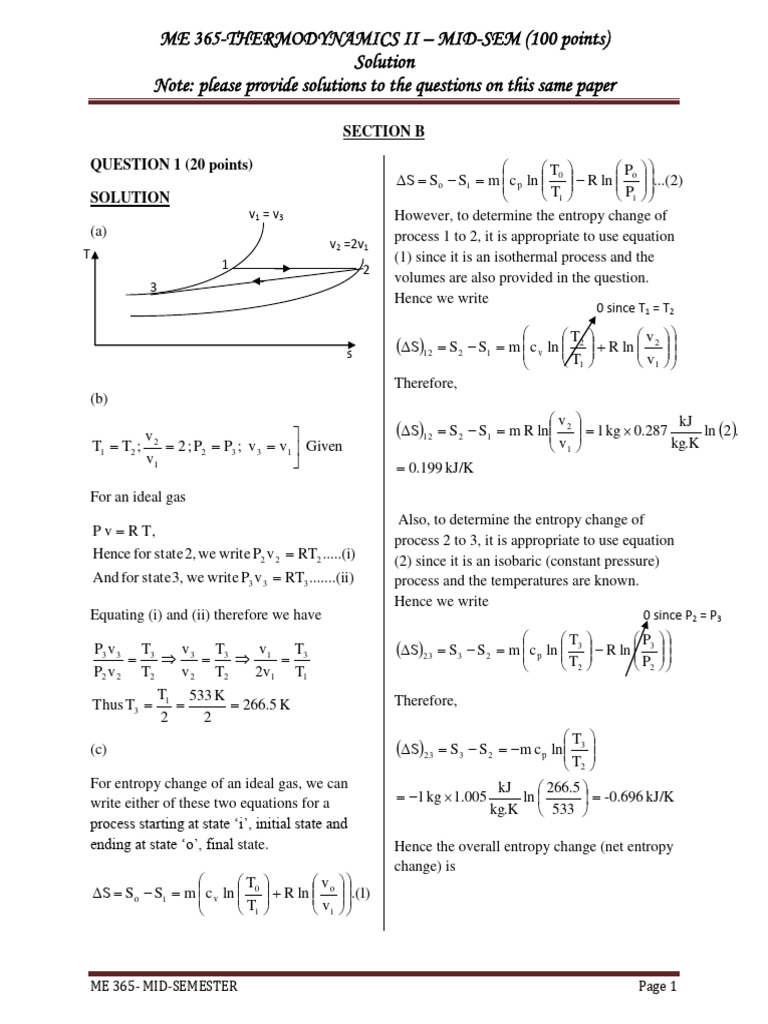ME 365 Mid Sem Solution | PDF | Enthalpy | Quantity