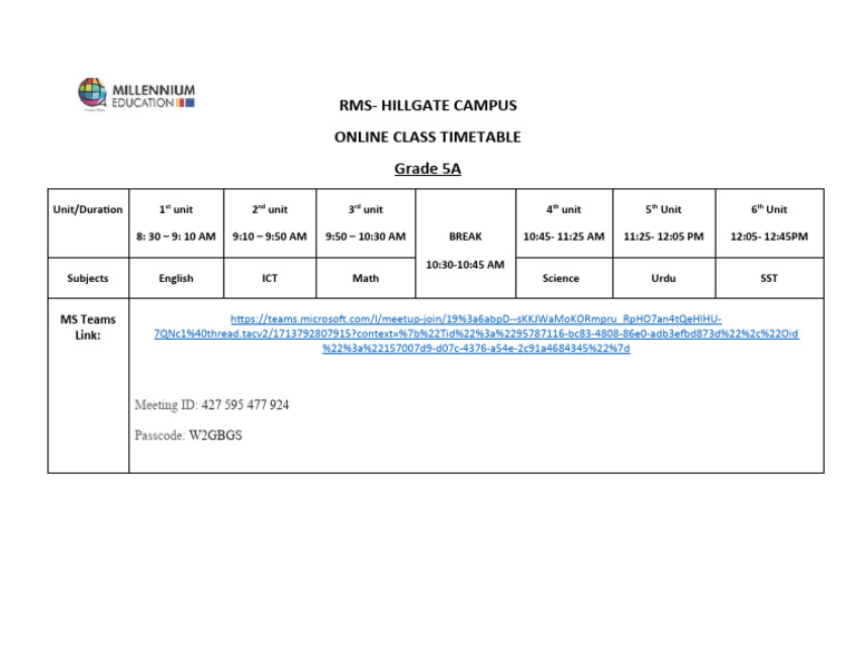 Grade 5A Online Class Timetable | PDF