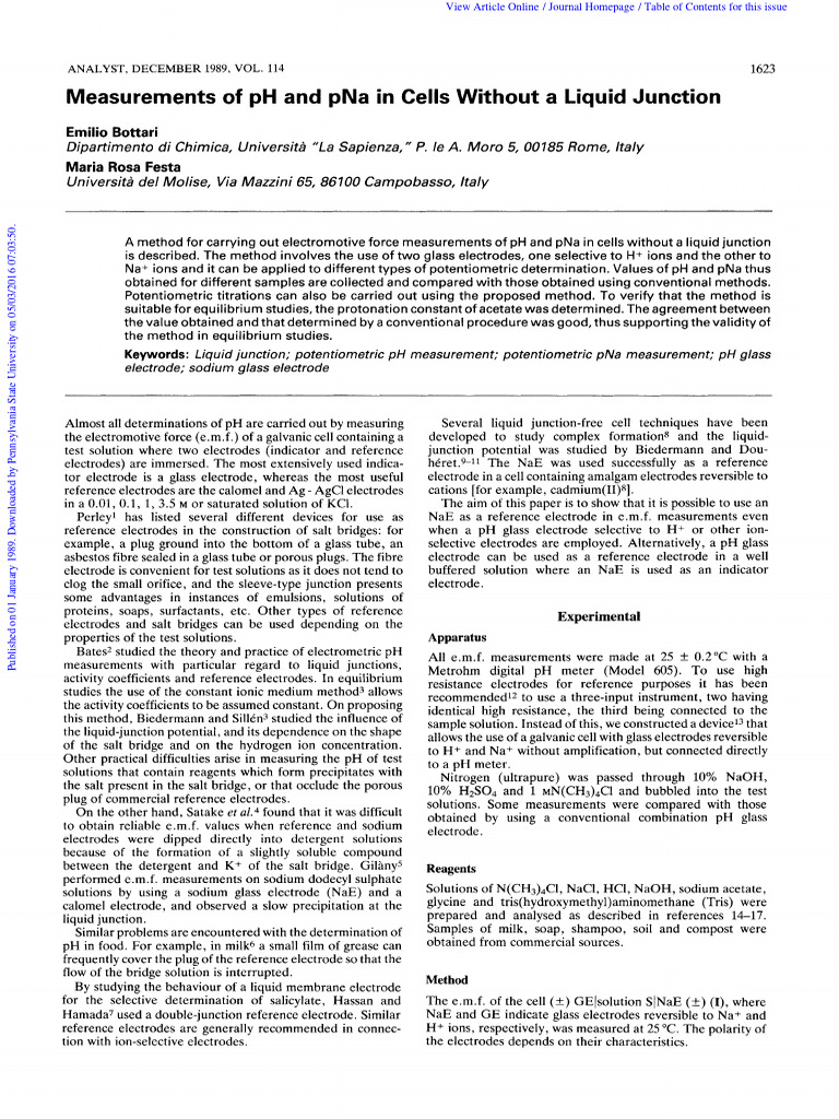 Measurements of PH and in Cells Without A Liquid Junction: Emilio ...