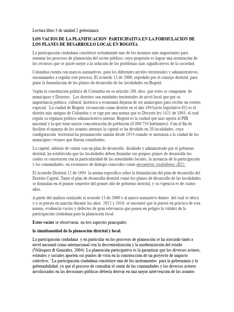 Lectura Libro 3 de Unidad 2 Gobernanza | PDF | Planificación | Bogotá