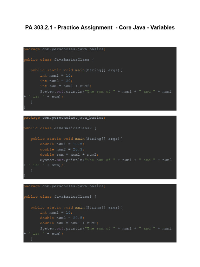 Core Java Variables Assignment | PDF | Computer Science | Object ...