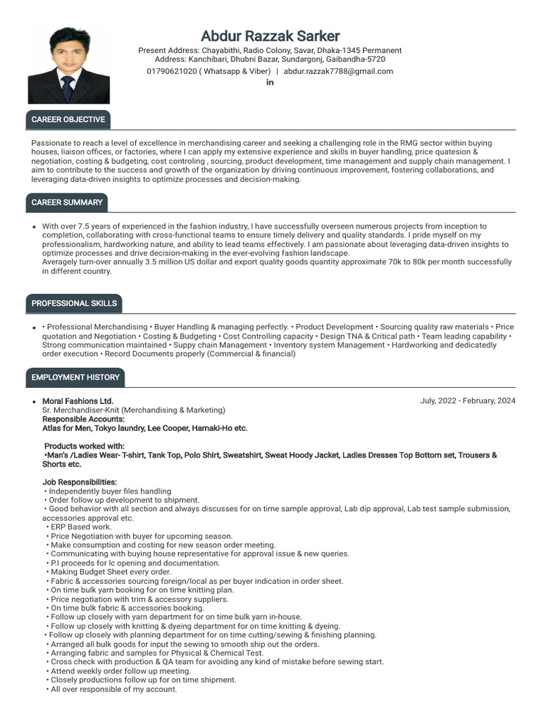 CV of Abdur Razzak - Sr. Merchandiser - Knit - 7.5 Yrs | PDF | Textiles | Supply Chain