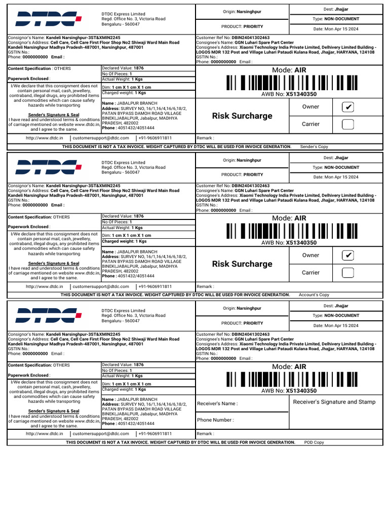 DTDC Shipment Details | PDF | Mail | Supply Chain Management