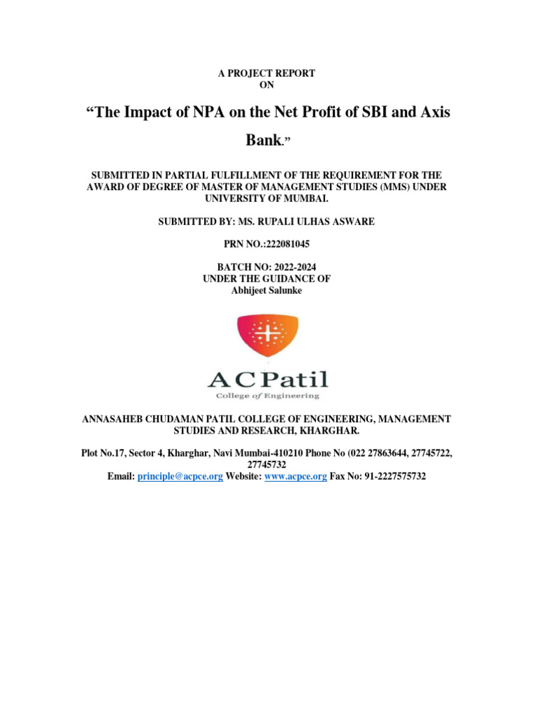 "The Impact of NPA On The Net Profit of SBI and Axis Bank | PDF | Loans ...