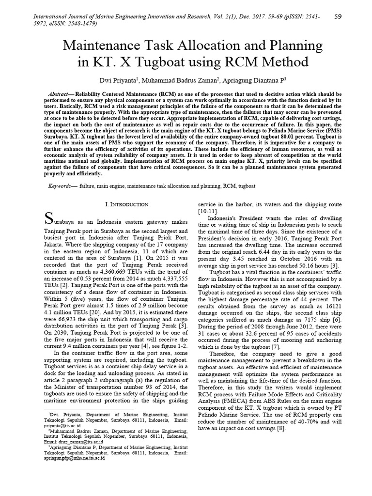 Maintenance Task Allocation and Planning in KT. X Tugboat Using RCM ...
