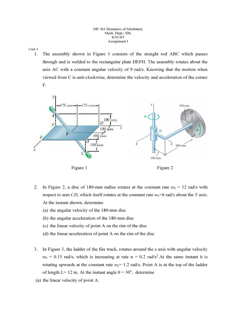 ME 361 Dynamics of Machinery Mech. Dept./ IDL Knust Assignment I Unit 1 ...