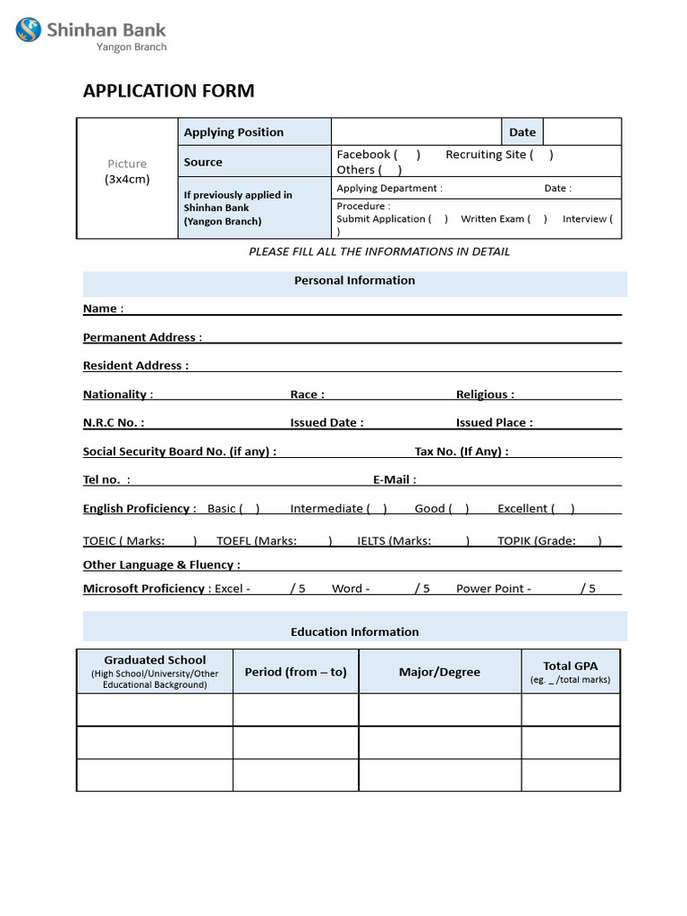 APPLICATION FORM - Shinhan Bank Yangon Branch | PDF