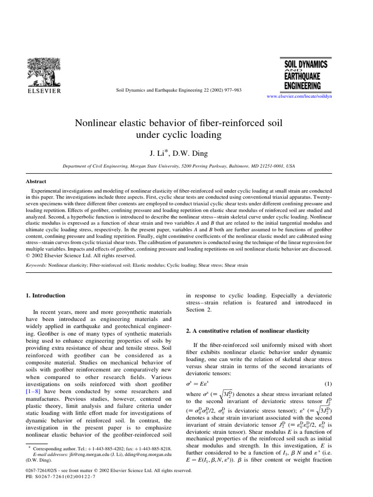 Nonlinear Elastic Behavior of Fiber-Reinforced Soil Under Cyclic Loading | PDF | Young's Modulus ...