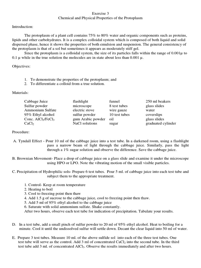 Exercise 3 Chemical and Physical Properties of The Protoplasm | PDF ...