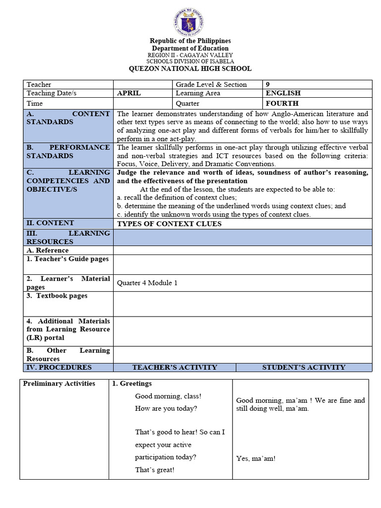 Final Demo Lesson Plan Context Clues | PDF | Learning | Word