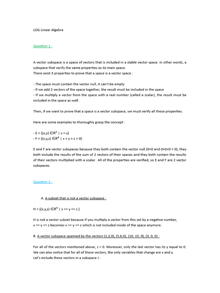 LOG Linear Algebra | PDF | Linear Subspace | Vector Space