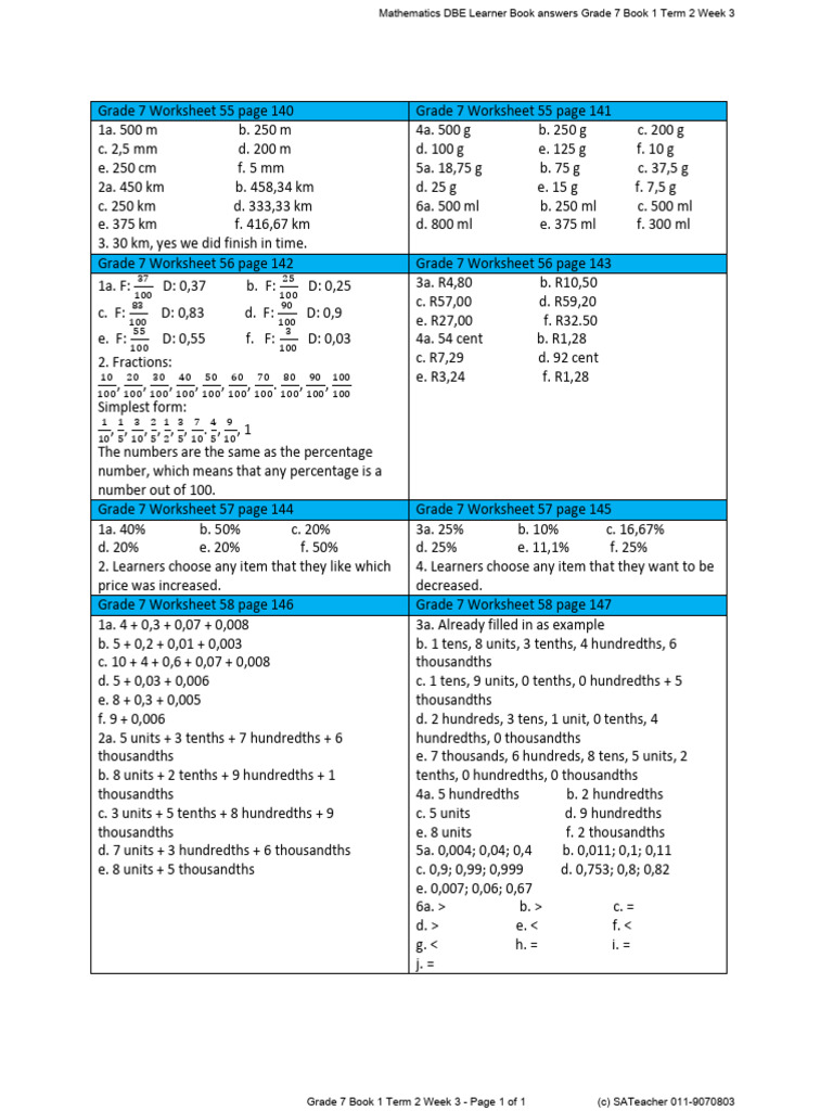 Grade 7 Maths Worksheet Answers | PDF | Arithmetic | Mathematics