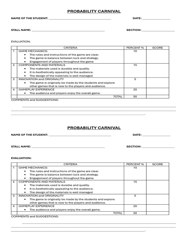 Probability Carnival Evaluation Form | PDF | Career & Growth | Sports ...