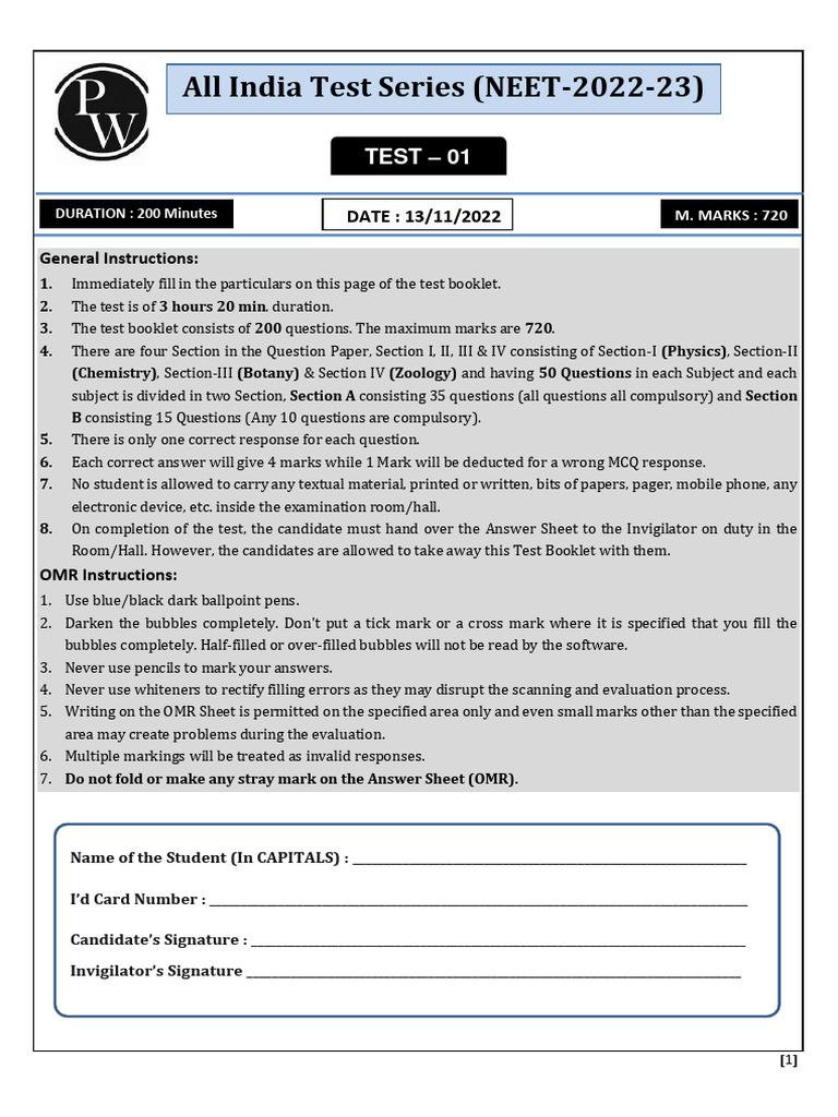 AITS 01 - Test Paper | Download Free PDF | Cell Membrane | Acceleration