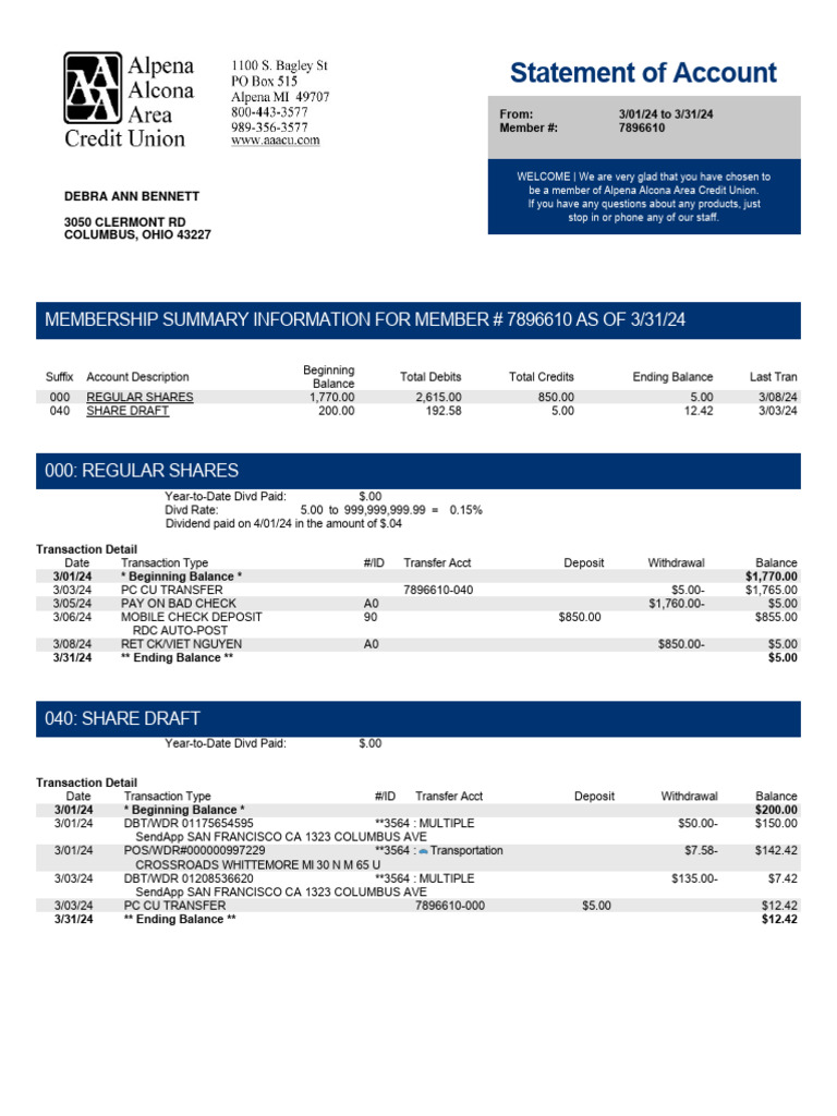 AAA. CU Account Statements7DA817356 DEBRA A BENNETT | PDF | Business ...