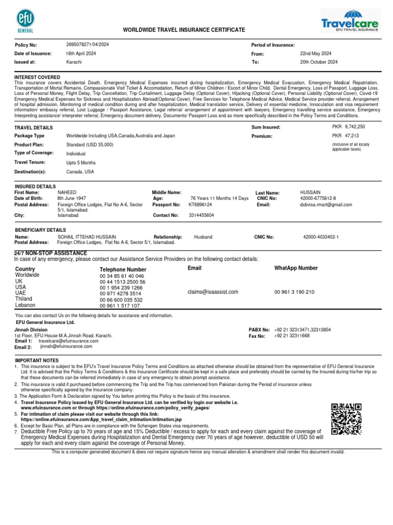 Naheed Hussain Travel Insurance | PDF | Deductible | Insurance