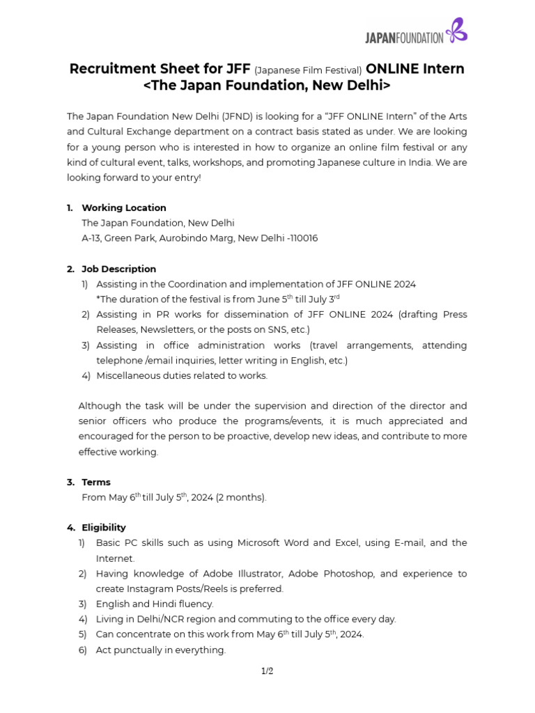 Recruitment Sheet For JFF Intern | PDF | Business | Art