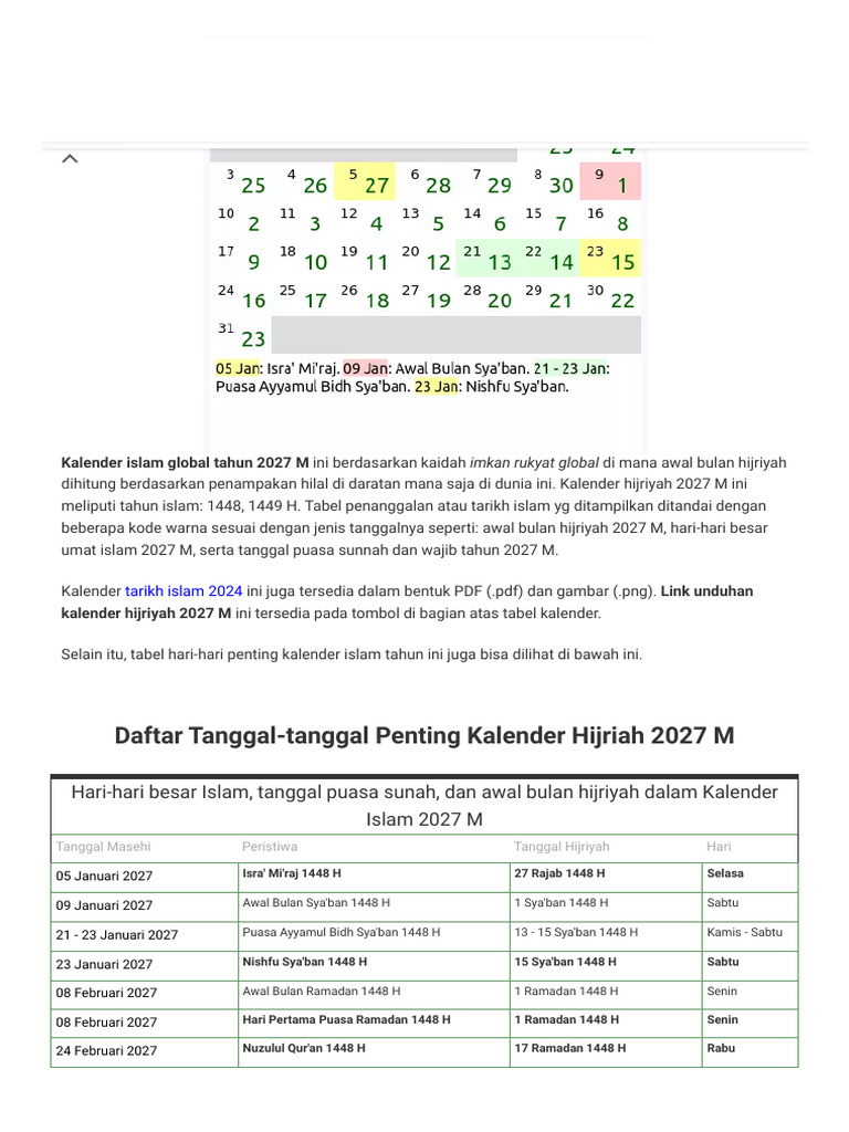 Kalender Islam Tahun 2027 M - Penanggalan Hijriyah Global | PDF
