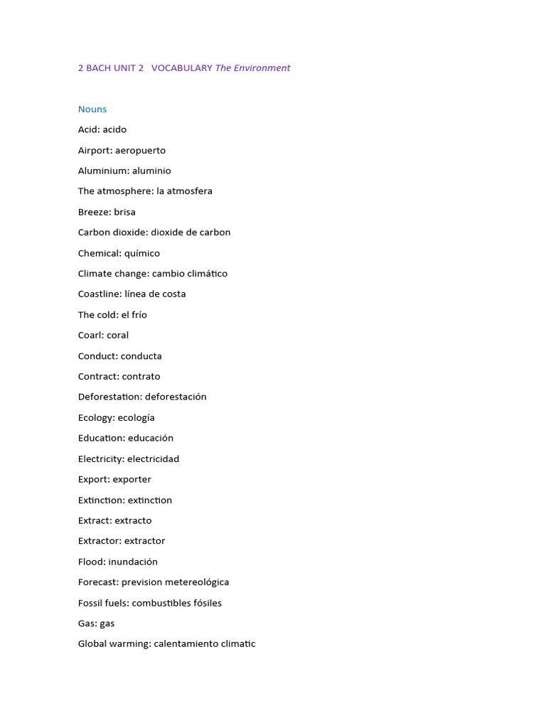 Copia de 2 BACH UNIT 2 VOCABULARY The Environment | PDF | Energía solar ...