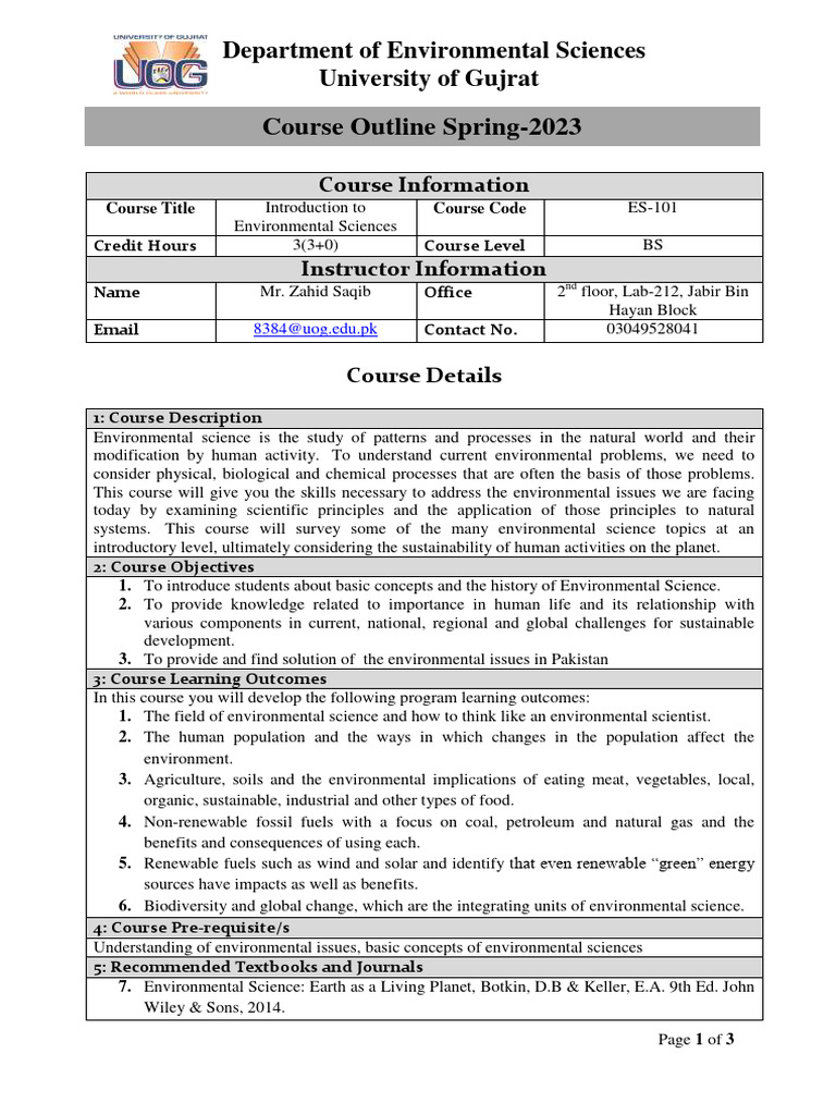 Course Outline Env. Sci 16 Week Plan | PDF | Sustainability | Environmental Science