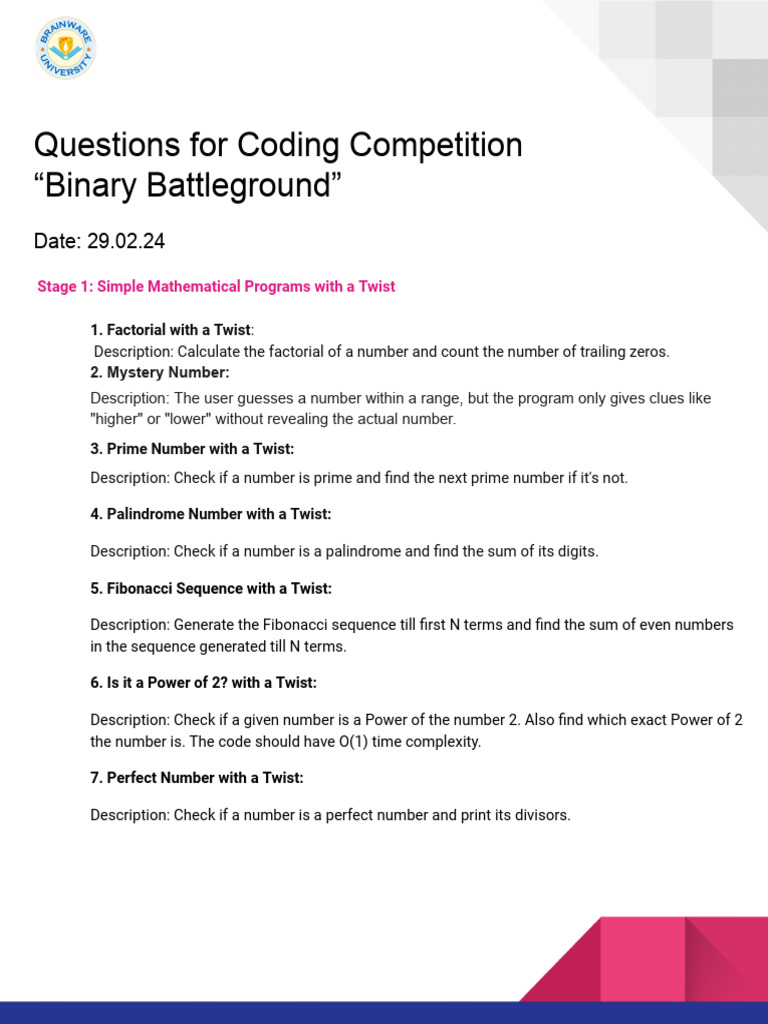 Coding Competition "Binary Battleground"-QUESTIONS | PDF | Numbers | Sequence