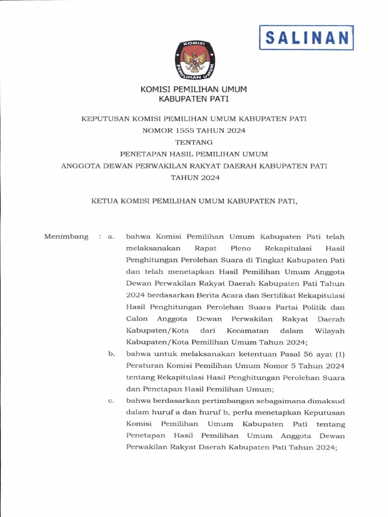 1555 2024 Kep KPU Kab Pati Perolehan Suara Sah | PDF