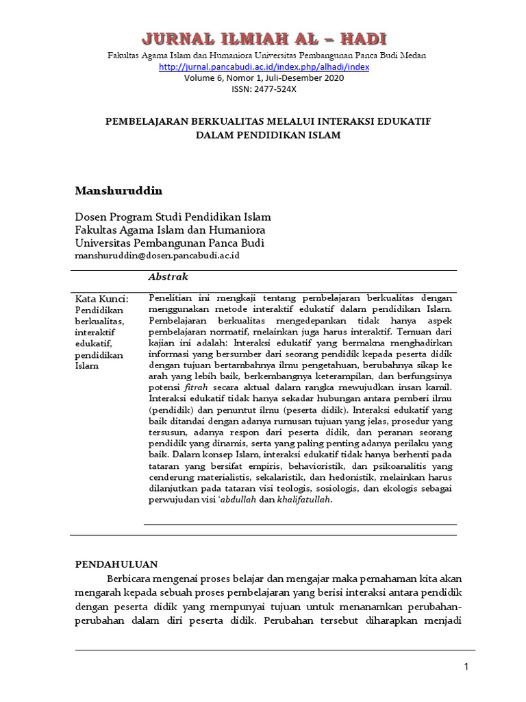 Jurnal Ilmiah Al - Hadi: Manshuruddin | PDF