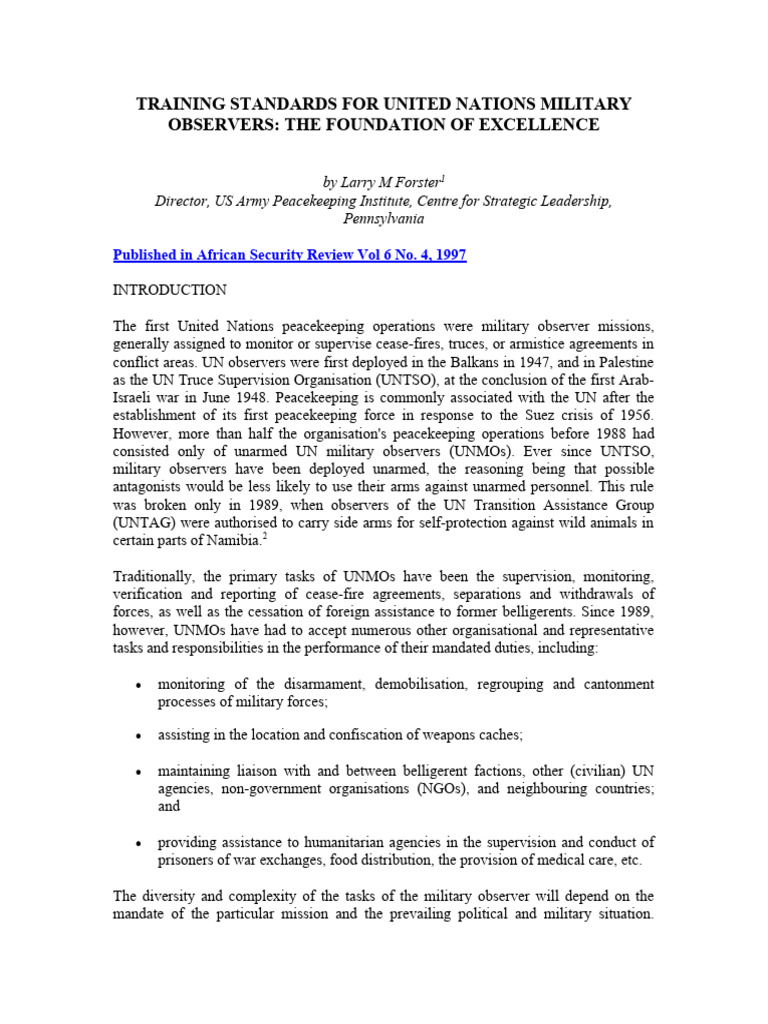 Training Standards For United Nations Military Observers | Download Free PDF | Peacekeeping ...
