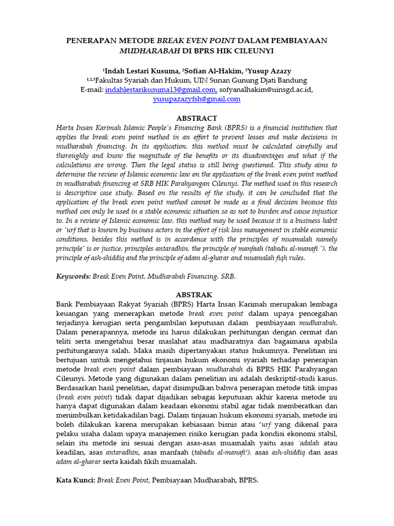 Analisis Break Even Point Dalam Pembiayaan Mudharabah | PDF